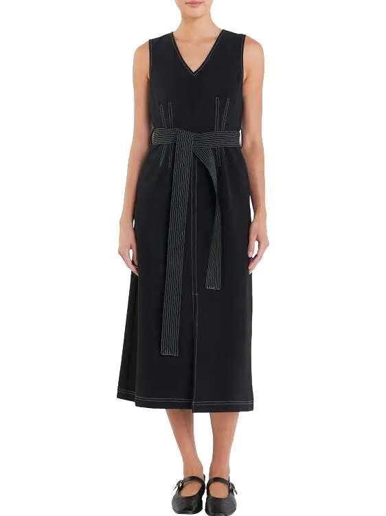 English Factory Stitch Detail Tie Belt Dress - Black
