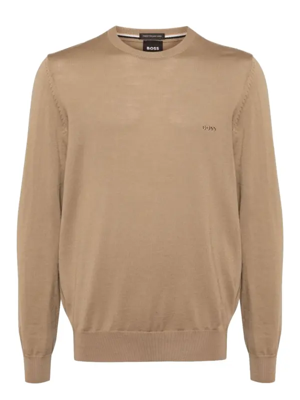 Hugo Boss Logo-embroidered Virgin Wool Jumper - Brown