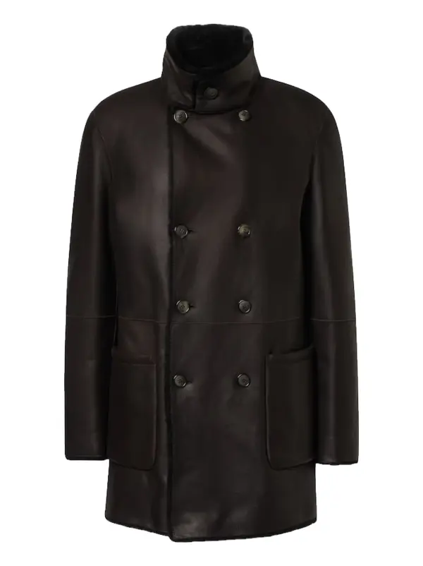 Giorgio Armani Reversible Leather And Shearling Pea Coat - Brown