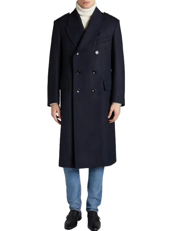 TOM FORD Officer Wool Herringbone Overcoat - Combo Black/blue