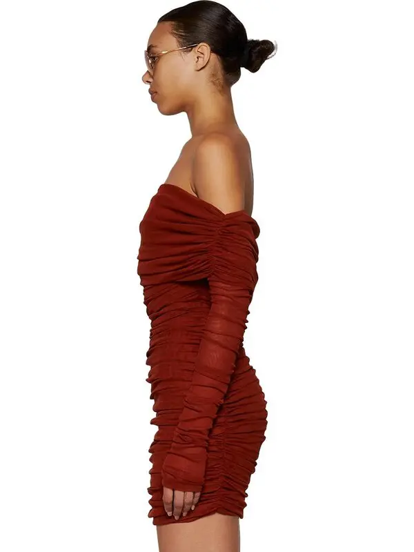 Saint Laurent Off The Shoulder Tulle Mini Dress - Rouge Fonce