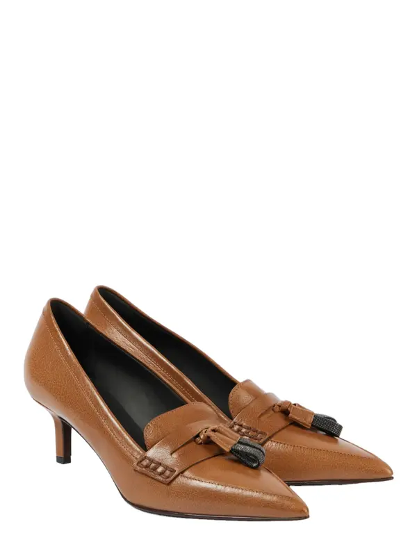Brunello Cucinelli Monili Leather Loafer Pumps - Brown