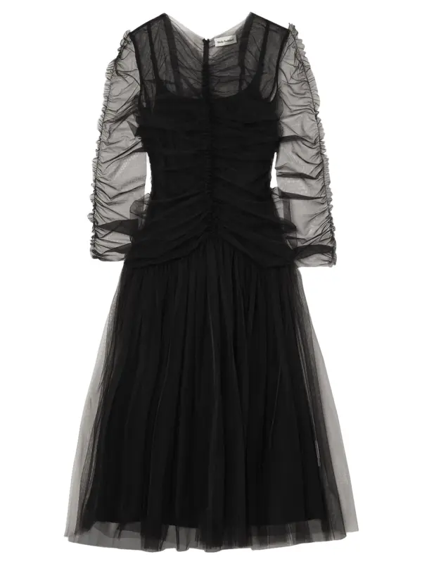 MOLLY GODDARD Malin Ruched Tulle Midi Dress - Black