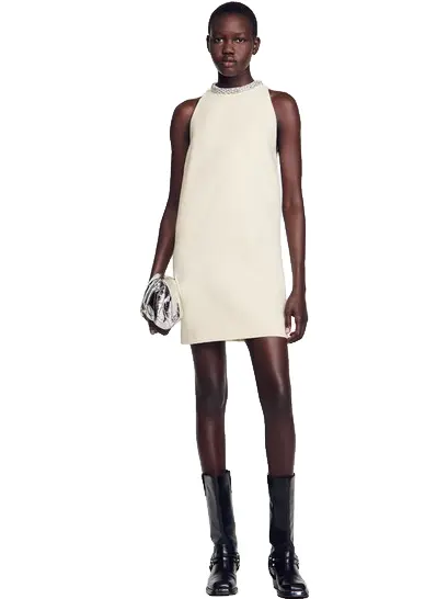 Sandro Embellished Tweed Mini Dress - Neutral / White