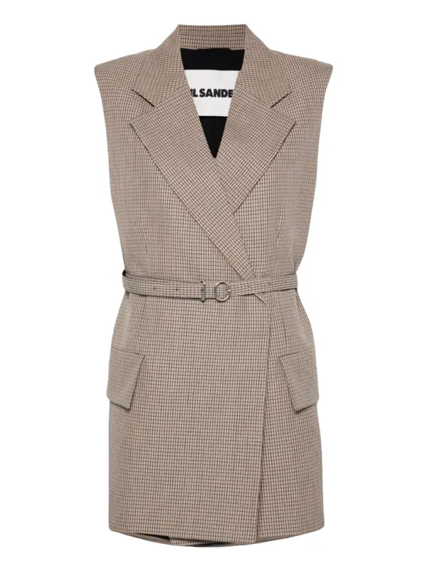 JIL SANDER Check Wool Waistcoat - Brown
