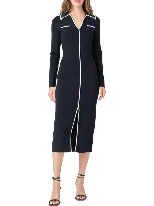 Endless Rose Contrast Trim Knit Midi Dress - Black