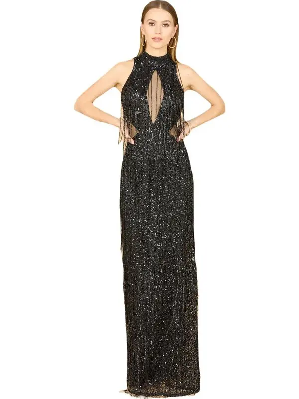 LARA NEW YORK Carrie Beaded Fringe Dress - Black