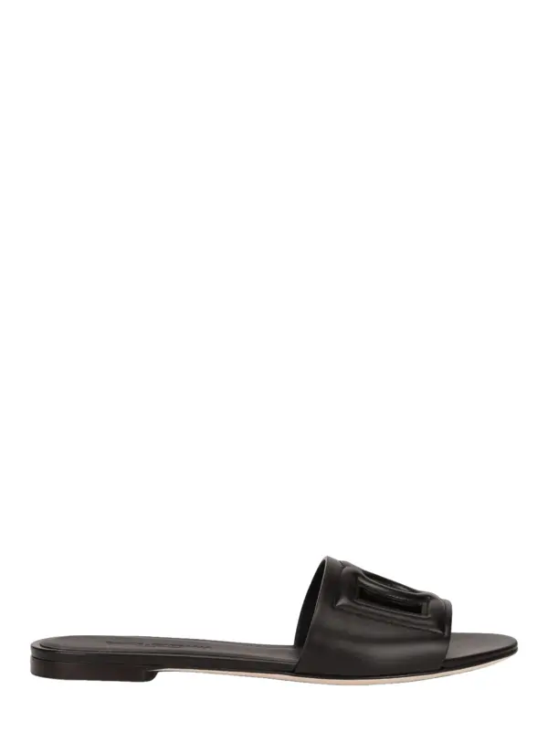 Dolce & Gabbana Logo Embossed Leather Slides - Black