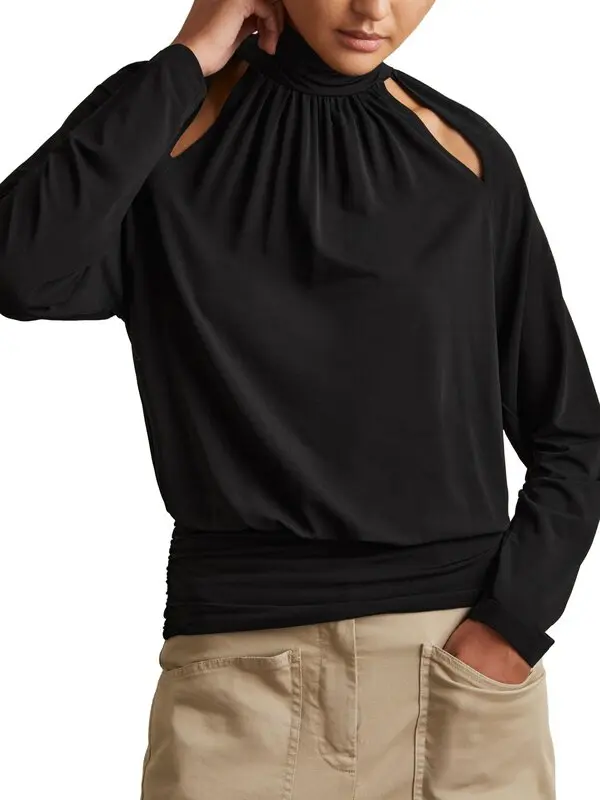 REISS Adrienne Cut-out Blouson Top - Black