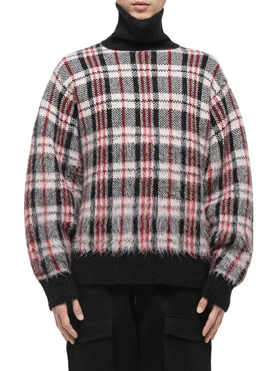 Helmut Lang Plaid Brushed Oversize Turtleneck Sweater - Medium Black Check