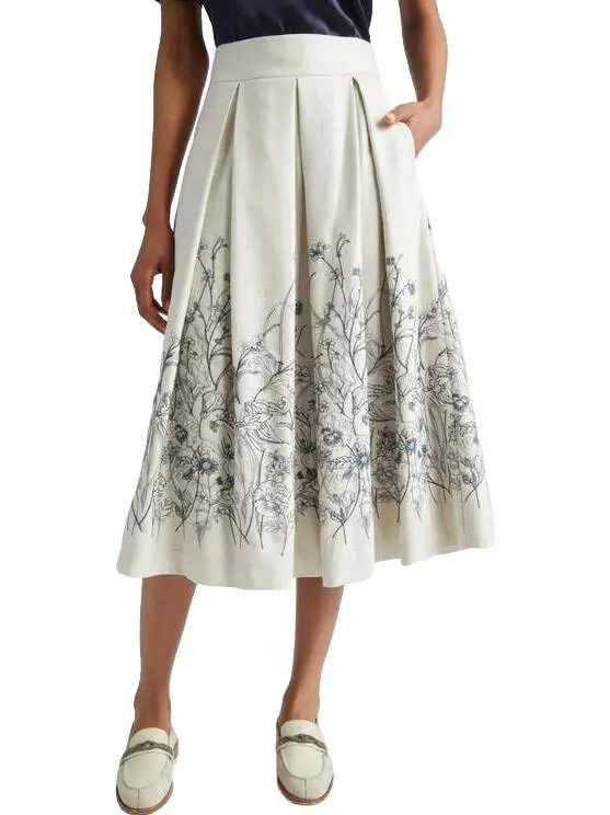 Eleventy Floral Embroidered Pleated Midi Skirt - Ivory