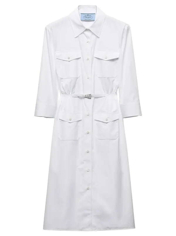 Prada Button-down Belted Poplin Shirt Dress - Bianco