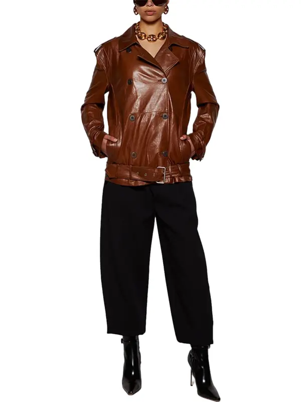 Zeynep Arçay Double-breasted Leather Biker Jacket - Brown