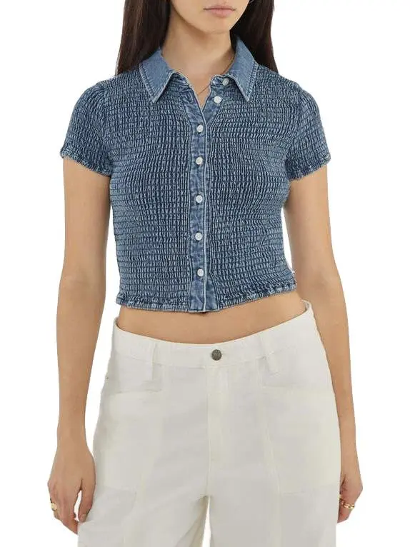Guess Smocked Denim Button-up Shirt - Go Smocked Medium Wash