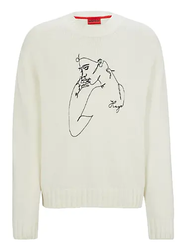 Hugo Boss Face-motif Relaxed-fit Wool-blend Jumper - Open White