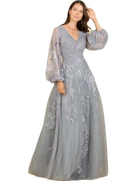 LARA NEW YORK V-neckline Lace Gown With Balloon Sleeves - Dusk