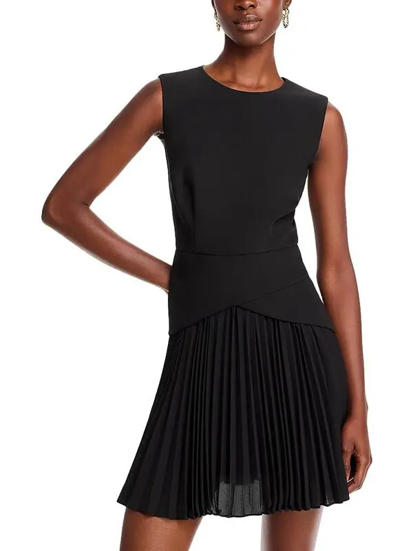 MILLY Haddy Mixed Media Pleated Dress - Black
