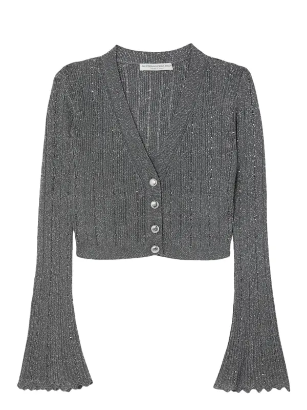 Alessandra Rich Cropped Metallic Ribbed-knit Cardigan With Crystal Embellishments - Silver