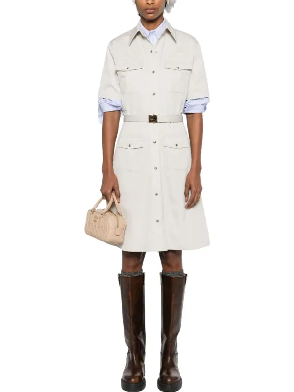 Miu Miu Logo-patch Shirt Dress - Neutrals