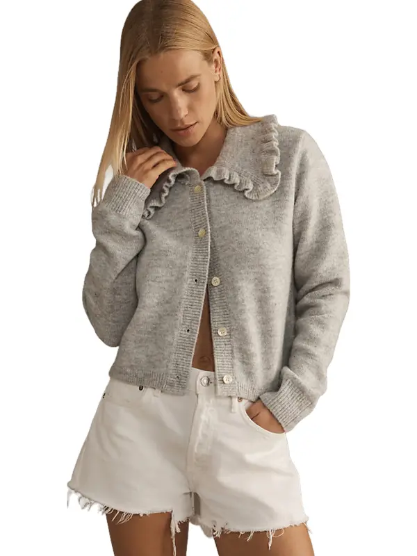 SELF CONTRAST Ruffle-collar Cardigan Sweater - Grey