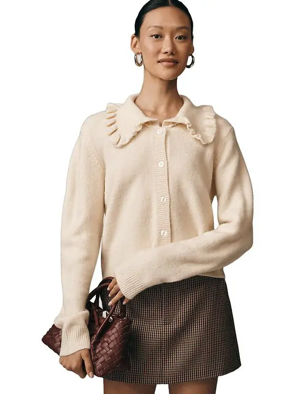 SELF CONTRAST Ruffle-collar Cardigan Sweater - Ivory