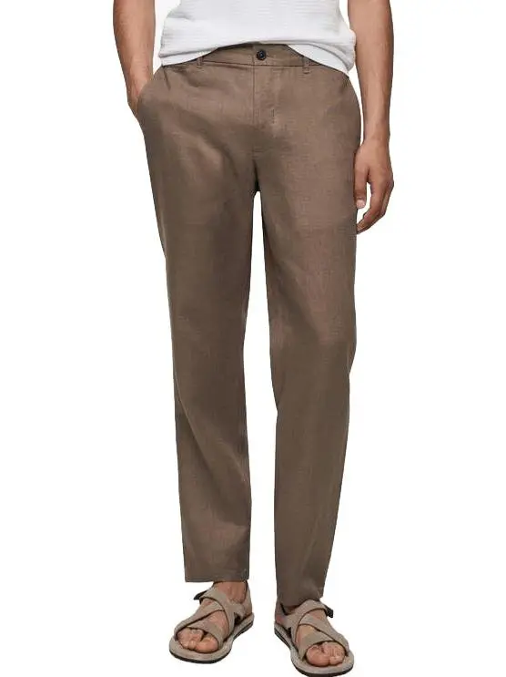 Mango Slim Fit Linen Trousers - Medium Brown