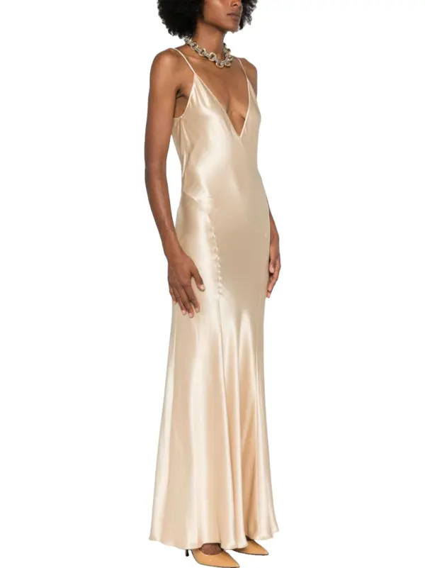 Saint Laurent Silk V-neck Maxi Dress - Neutrals