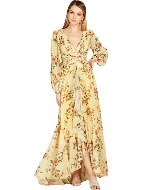 LARA NEW YORK Long Sleeve V-neck Dress - Yellow