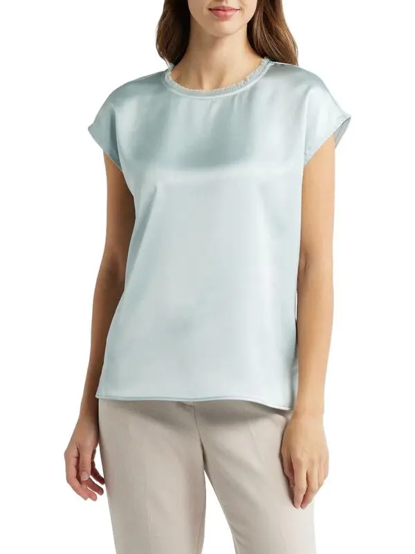 TAHARI ASL Fringe Neck Satin Top - Dusty Aqua