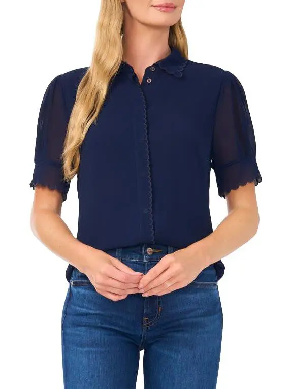 CECE DUPRAZ Scallop Trim Button-up Shirt - Classic Navy