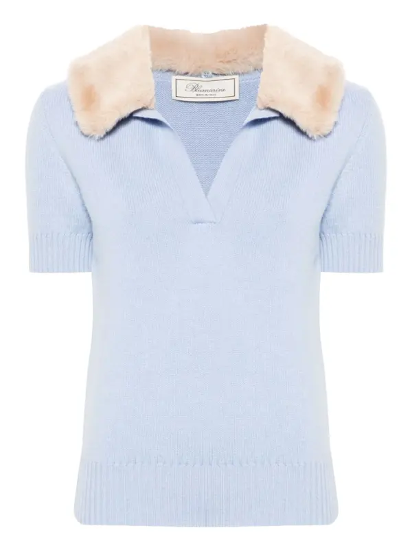 Blumarine Faux-fur Collar Polo Top - Blue