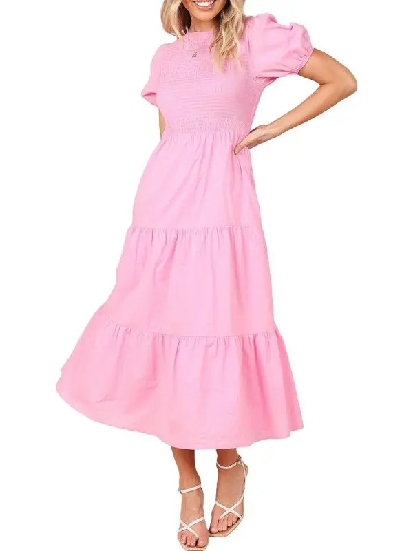 PETAL & PUP Naura Smocked Tiered Midi Dress - Pink