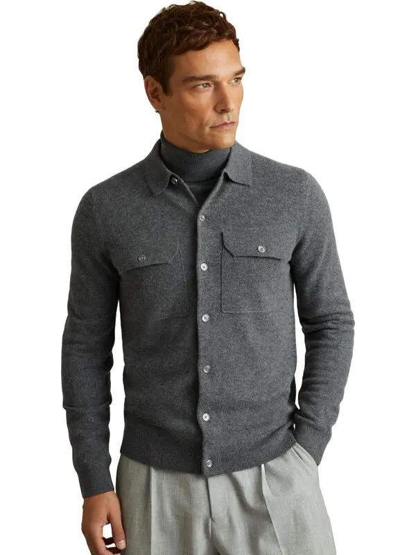 REISS Pisa Merino Wool Cardigan - Grey Melange
