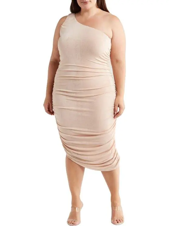 24SEVEN COMFORT APPAREL One-shoulder Asymmetric Midi Dress - Beige