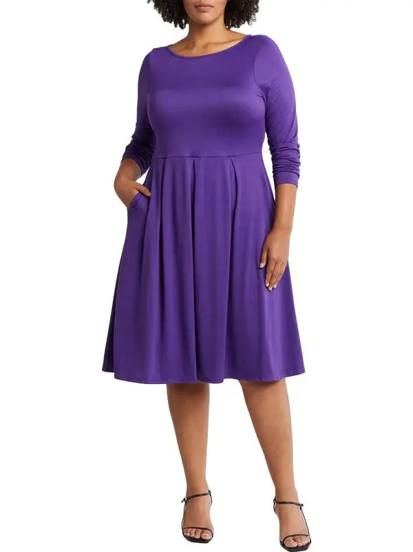 24SEVEN COMFORT APPAREL Fit & Flare Long Sleeve Jersey Midi Dress - Purple