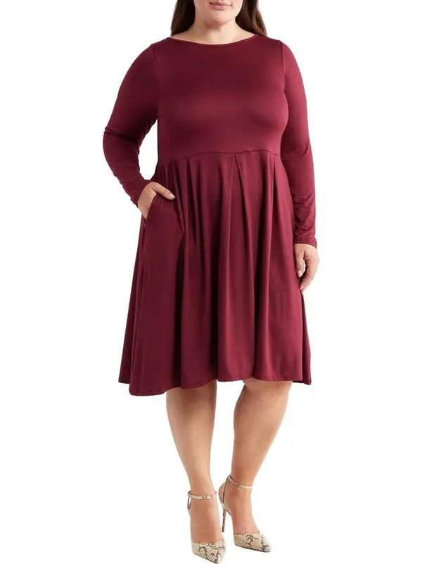 24SEVEN COMFORT APPAREL Fit & Flare Long Sleeve Jersey Midi Dress - Wine