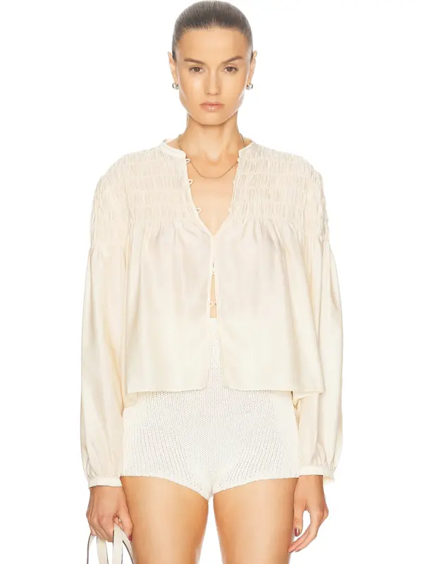 FRAME Smocked Collarless Blouse - Champagne