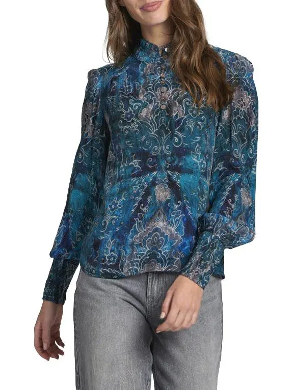 APNY Puff Sleeve Button Front Top - Turquoise Multi