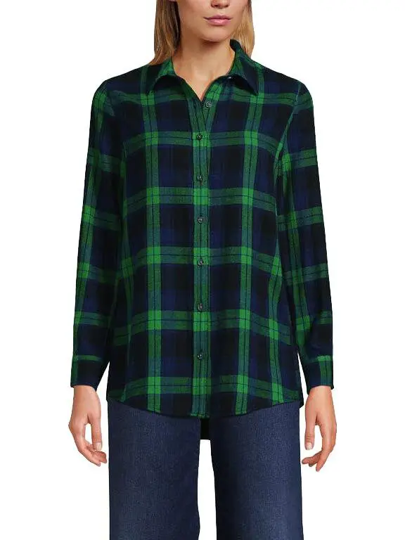 LANDS' END Flannel Boyfriend Fit Shirt - Rich Clover/navy Plaid