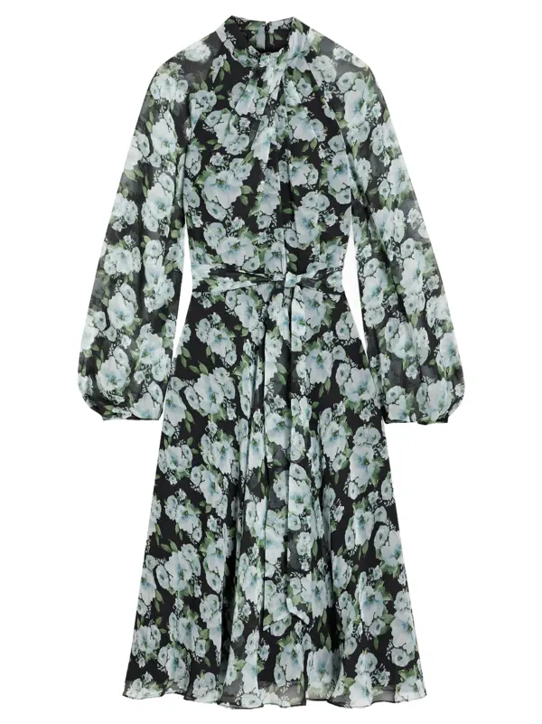 MIKAEL AGHAL Pleated Floral-print Chiffon Midi Dress - Black