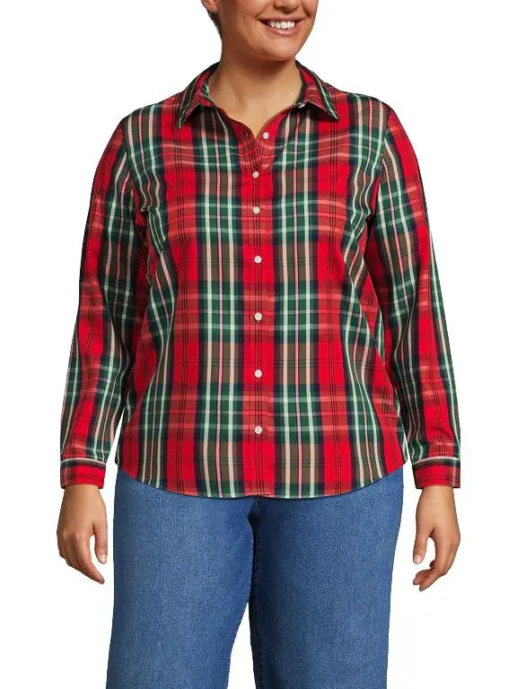 LANDS' END No Iron Supima Cotton Long Sleeve Shirt - Compass Red/emerald Plaid