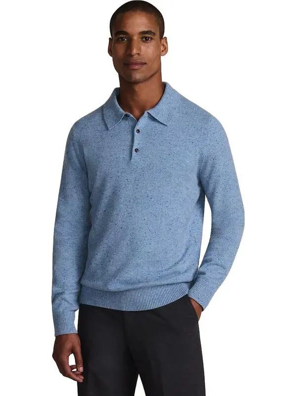 LANDS' END Long Sleeve Cashmere Sweater Polo - Cloudy Blue Heather Donegal