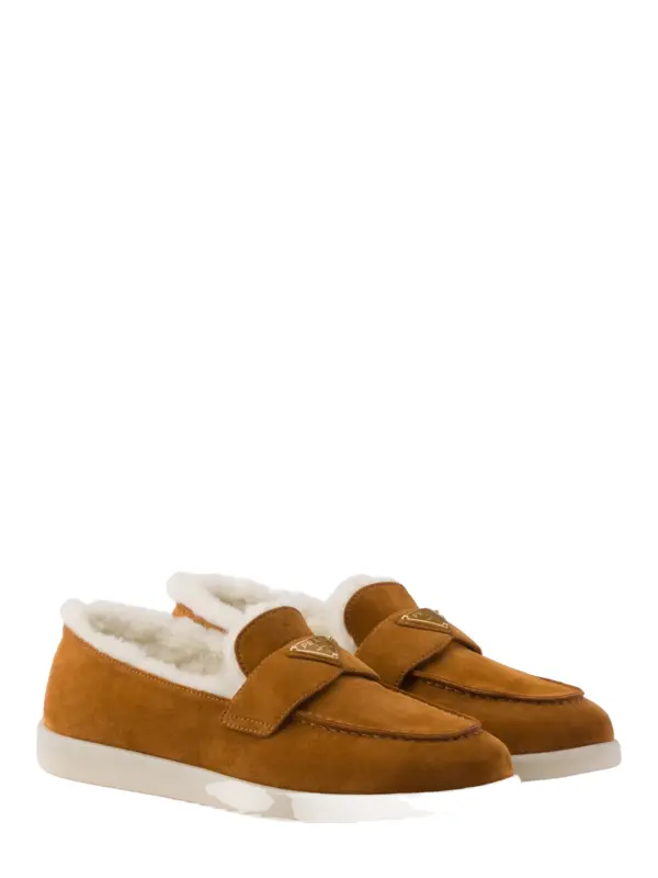 Prada Suede And Shearling Loafers - Cognac