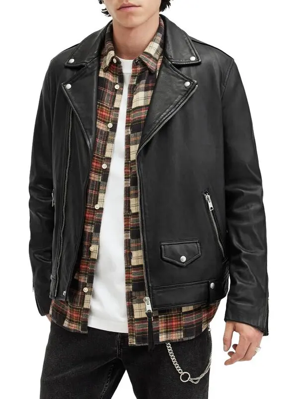 All Saints Milo Asymmetric Zip Leather Biker Jacket - Black