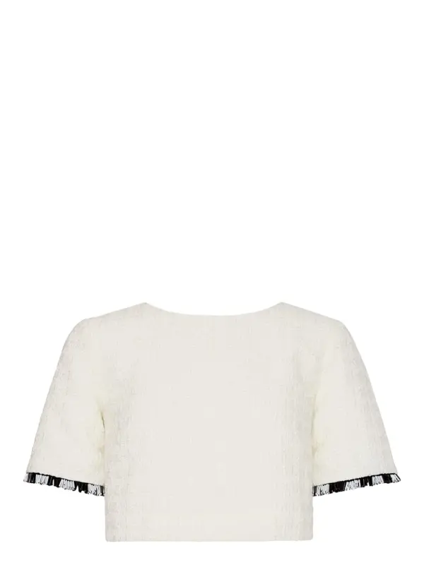 MILLY Lee Beaded Fringe Tweed Crop Top - Ecru