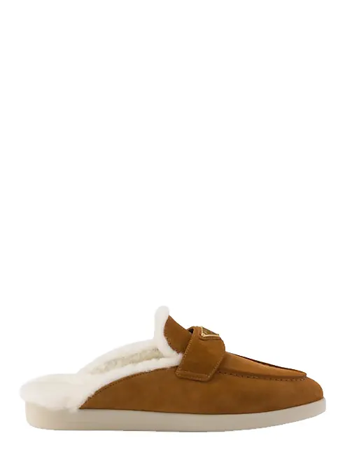 Prada Brand-plaque Suede And Shearling Mules - Brown