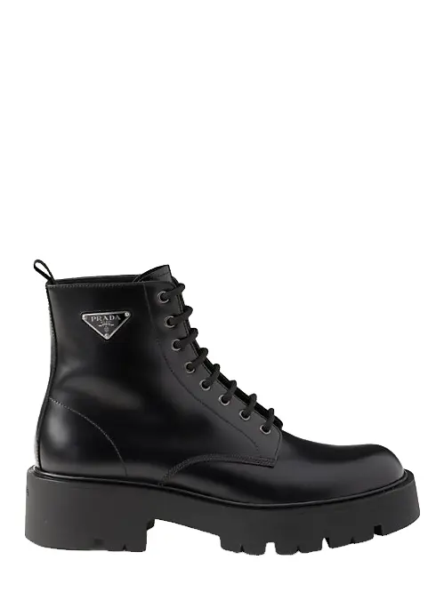 Prada Brand-plaque Brushed Leather Combat Boots - Black