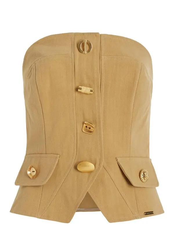 Françoise Strapless Gabardine Vest With Couture Buttons - Khaki