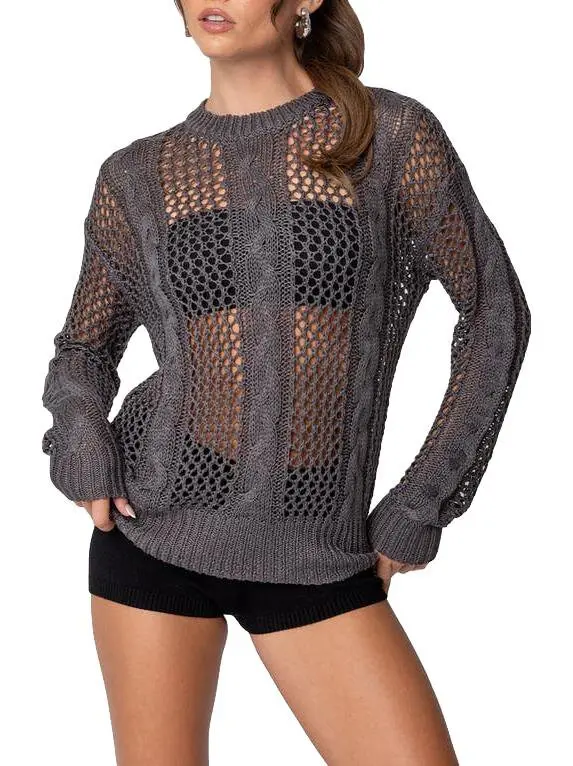 EDIKTED Cable Open Stitch Sweater - Dark-gray