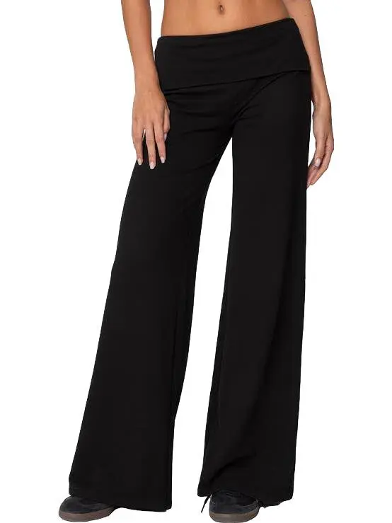EDIKTED Wide Leg Foldover Pants - Black